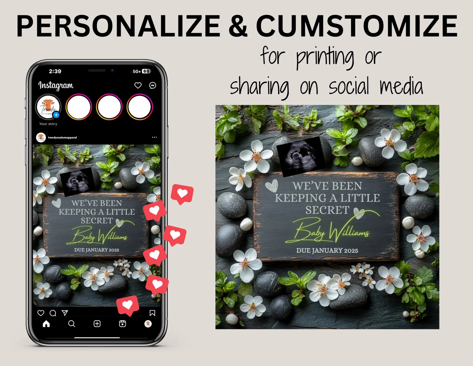 Customizable Digital Pregnancy Announcement - Personalized Editable Template | Trendy Custom Apparel