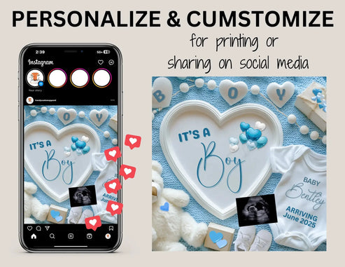 Boy's Gender Reveal Digital Pregnancy Announcement | Customizable ...